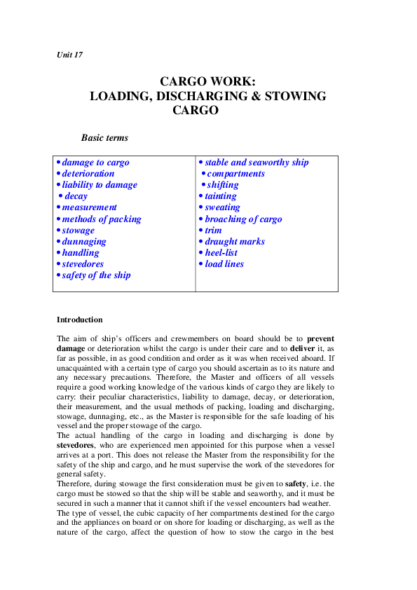 (PDF) CARGO WORK: LOADING, DISCHARGING & STOWING CARGO