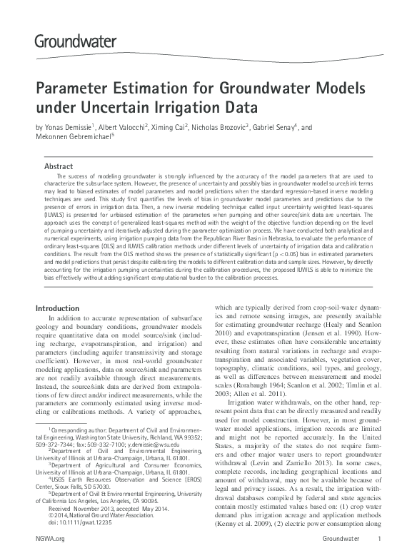 Parameter Estimation for Groundwater Models under Uncertain Irrigation Data Parameter Estimation for Groundwater Models under Uncertain Irrigation Data