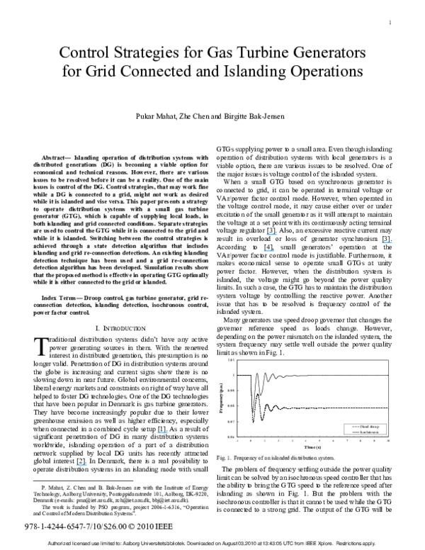 Pdf Control Strategies For Gas Turbine Generators For Grid Connected