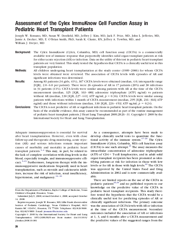 (PDF) Assessment of the Cylex ImmuKnow Cell Function Assay in Pediatric ...