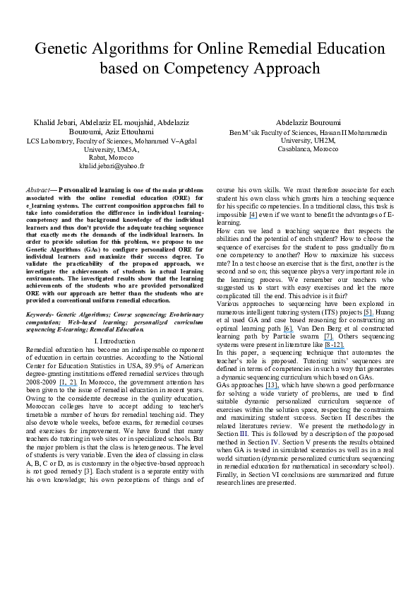 (PDF) Genetic algorithms for online remedial education based on competency approach