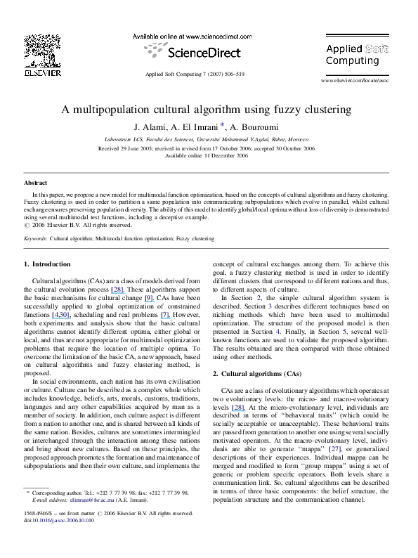 Pdf A Multipopulation Cultural Algorithm Using Fuzzy Clustering
