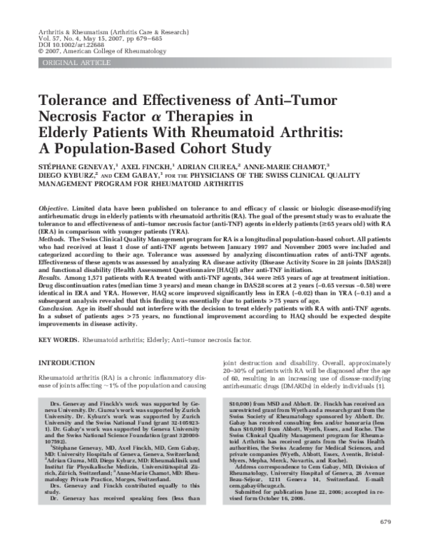 (PDF) Tolerance and effectiveness of anti–tumor necrosis factor α therapies in elderly patients ...