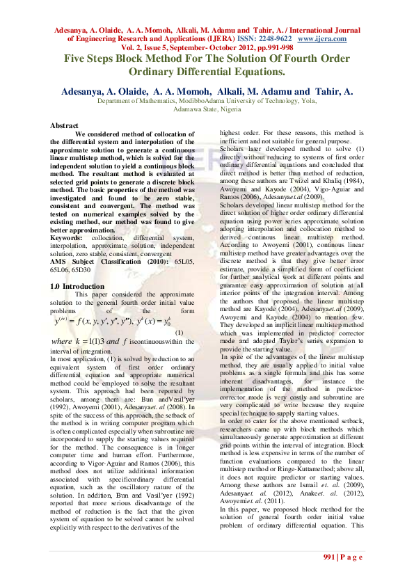 Pdf Five Steps Block Method For The Solution Of Fourth Order Ordinary Differential Equations