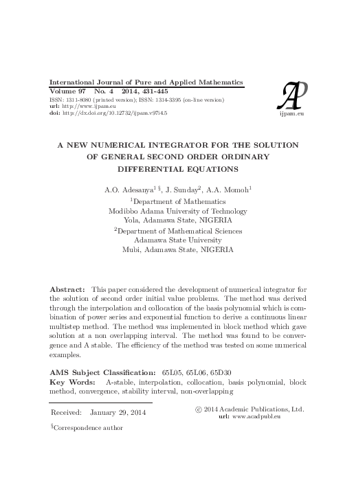 Pdf A New Numerical Integrator For The Solution Of General Second Order Ordinary Differential