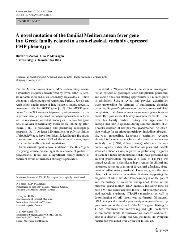 (PDF) A novel mutation of the familial Mediterranean fever gene in a ...