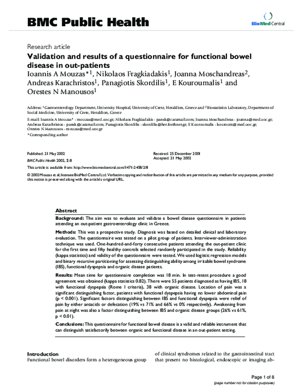 (PDF) Validation and results of a questionnaire for functional bowel disease in out-patients