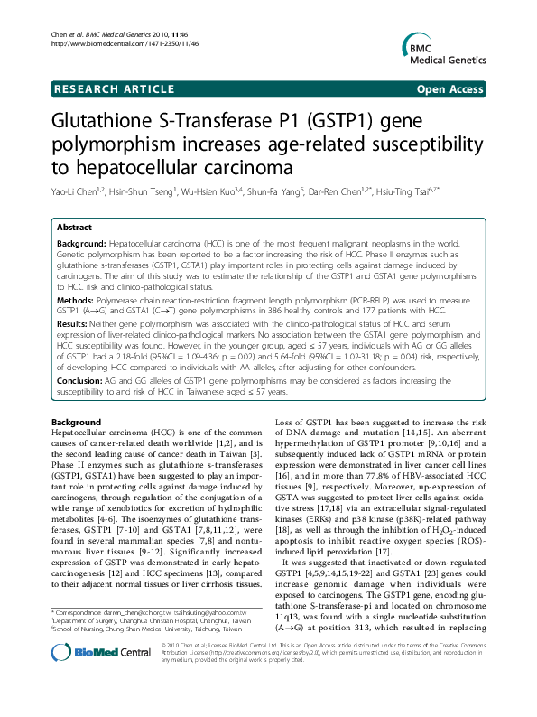 (PDF) Glutathione S-Transferase P1 (GSTP1) gene polymorphism increases age-related ...