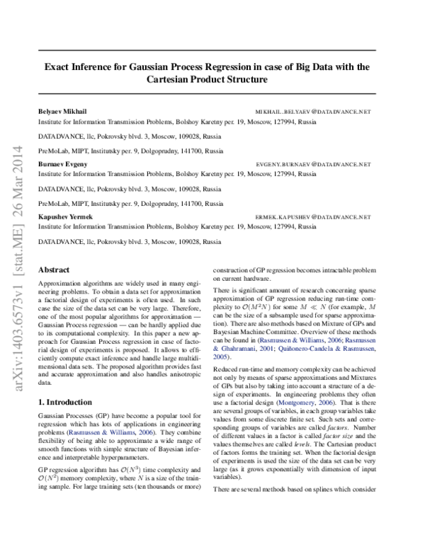 Pdf Exact Inference For Gaussian Process Regression In Case Of Big Data With The Cartesian