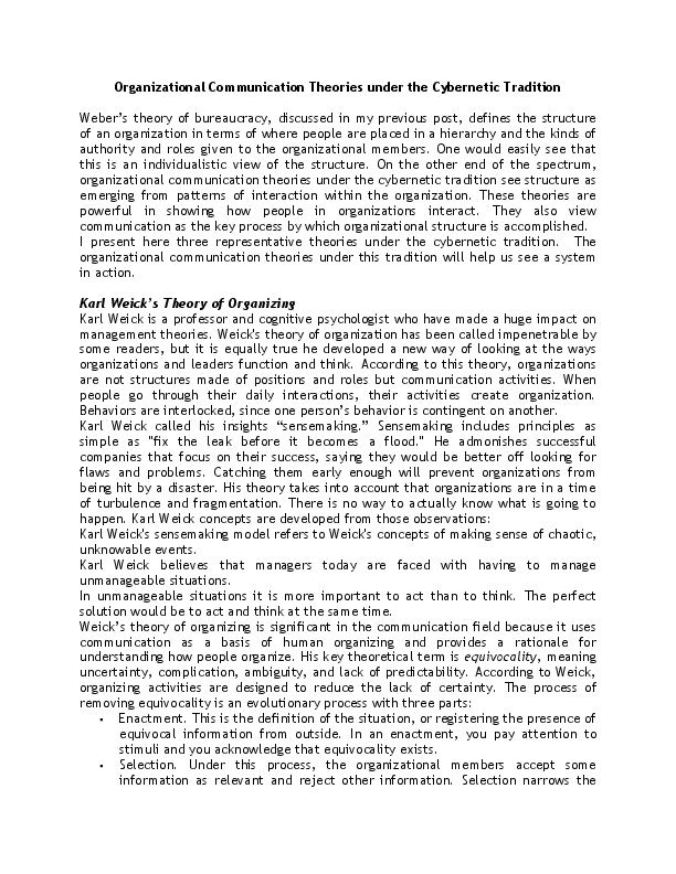 (DOC) Organizational Communication Theories under the Cybernetic Tradition