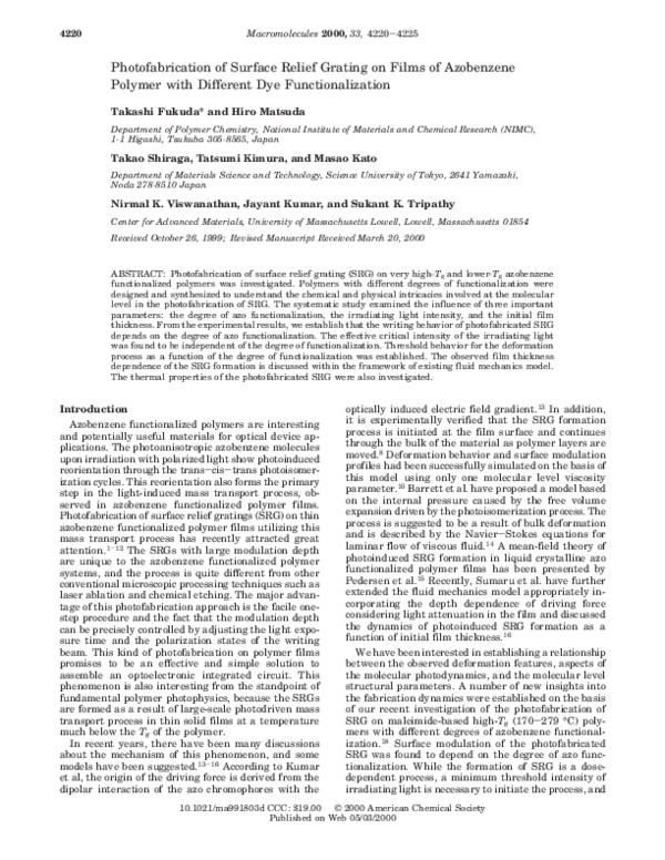 (PDF) Photofabrication of Surface Relief Grating on Films of Azobenzene Polymer with Different ...