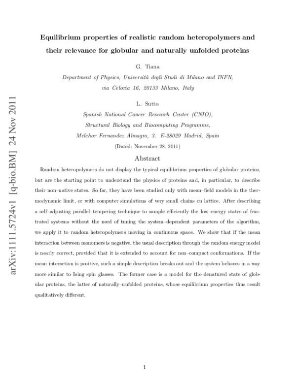 (PDF) Equilibrium properties of realistic random heteropolymers and ...