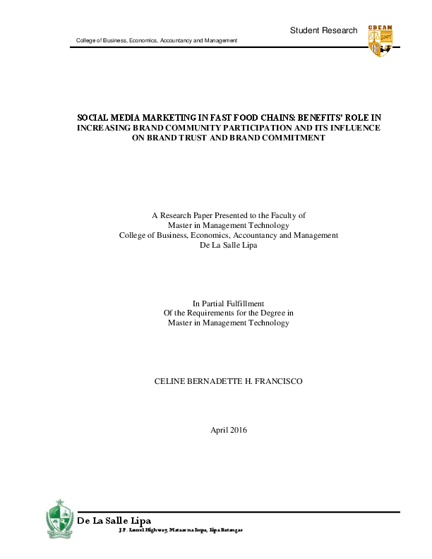 (PDF) SOCIAL MEDIA MARKETING IN FAST FOOD CHAINS: BENEFITS' ROLE IN ...