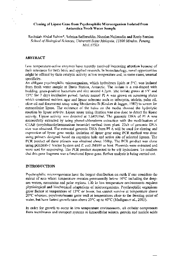 Pdf Cloning Of Lipase Gene From Psychrophilic Microorganism Isolated From Antartica Fresh