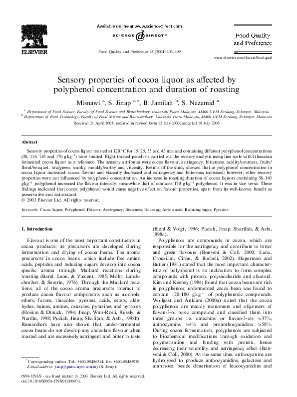(PDF) Sensory properties of cocoa liquor as affected by polyphenol concentration and duration of ...