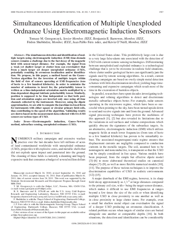 (PDF) Simultaneous Identification of Multiple Unexploded Ordnance Using Electromagnetic ...