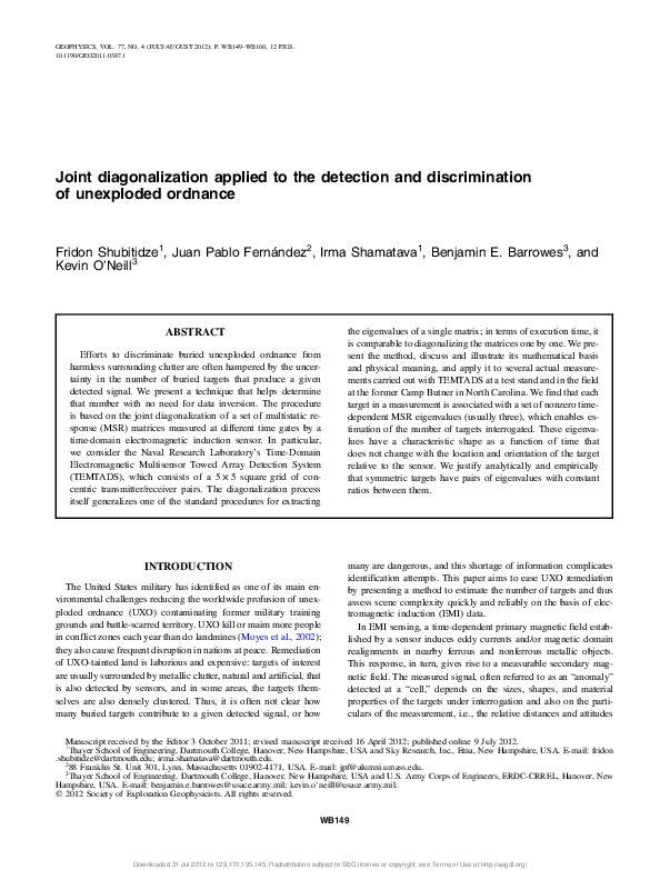 (PDF) Joint diagonalization applied to the detection and discrimination of unexploded ordnance