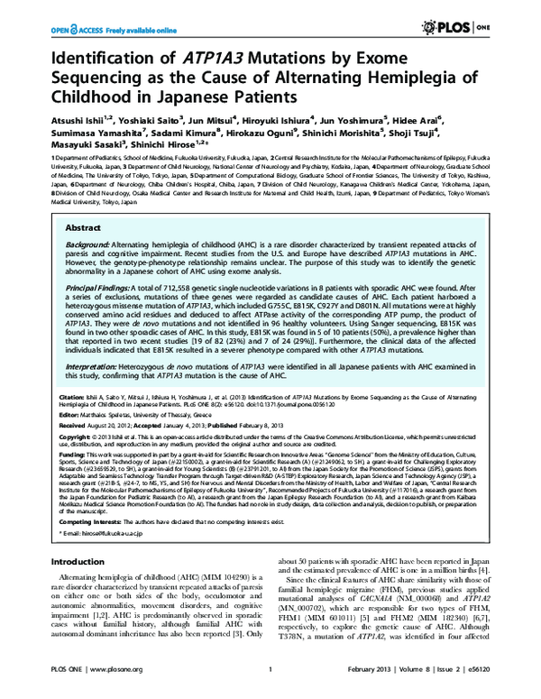 (PDF) Identification of ATP1A3 Mutations by Exome Sequencing as the ...