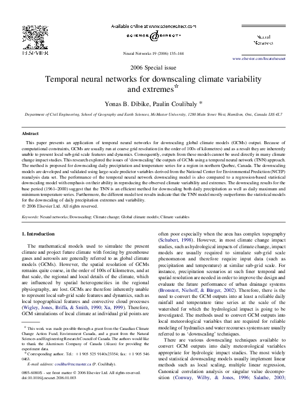 Pdf Temporal Neural Networks For Downscaling Climate Variability And Extremes Yonas Dibike