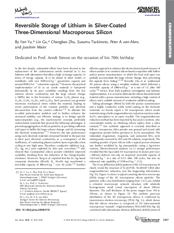 (PDF) Reversible Storage of Lithium in Silver-Coated Three-Dimensional ...