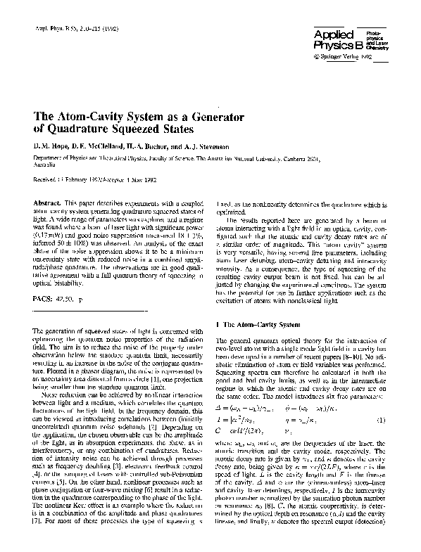 Pdf The Atom Cavity System As A Generator Of Quadrature Squeezed States
