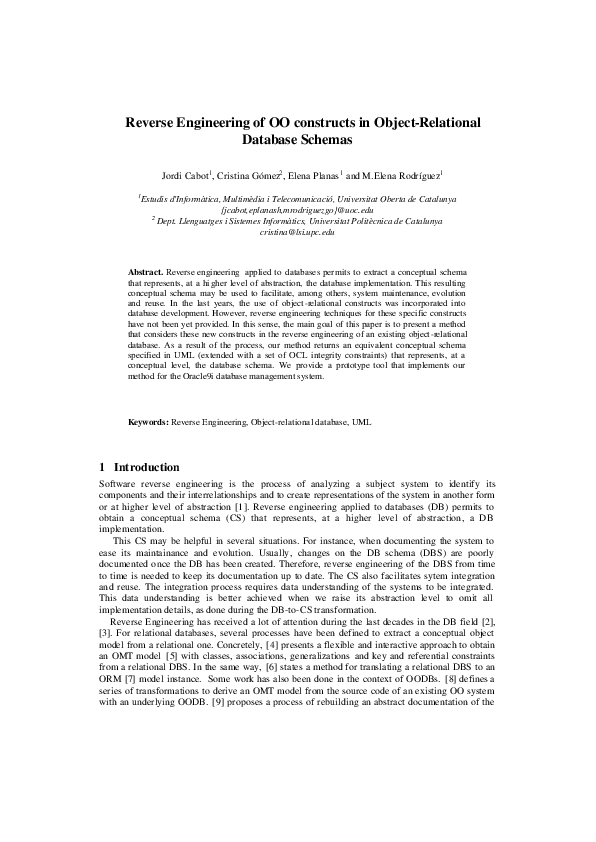 Pdf Reverse Engineering Of Oo Constructs In Object Relational Database Schemas