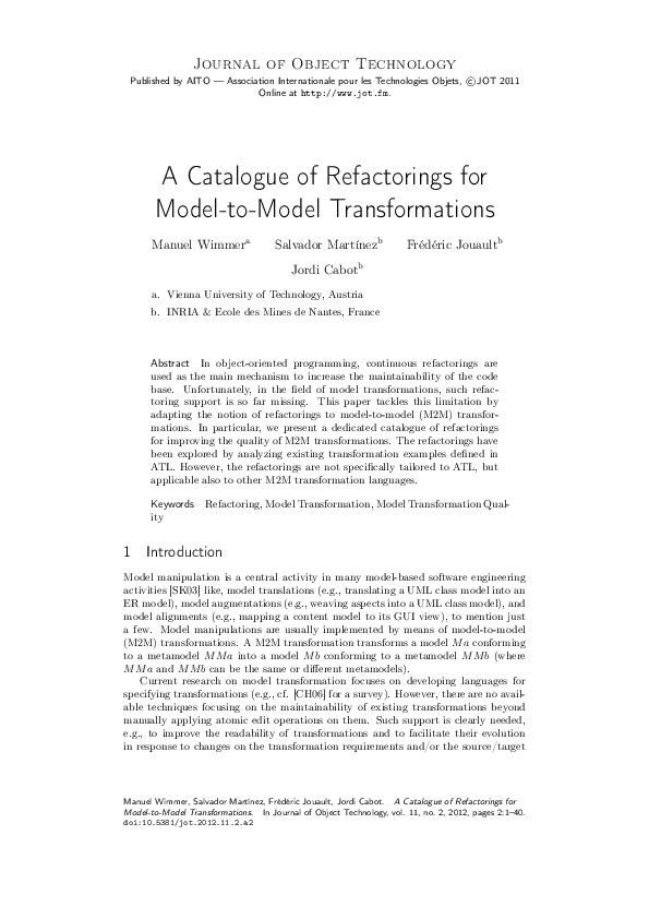 (PDF) A Catalogue of Refactorings for Model-to-Model Transformations