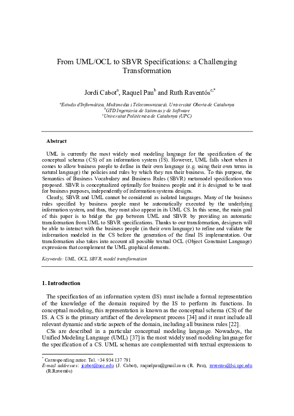 (PDF) From UML/OCL to SBVR specifications: A challenging transformation
