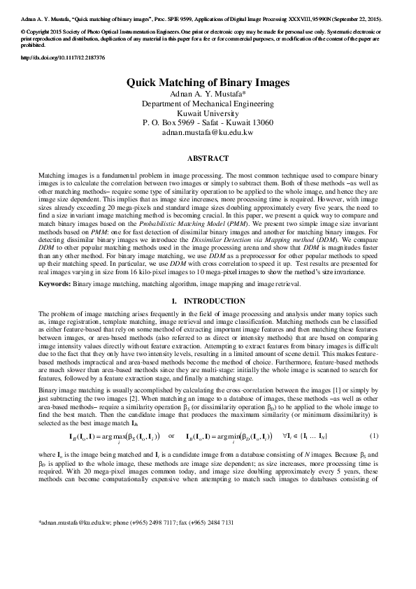 (PDF) Quick Matching of Binary Images