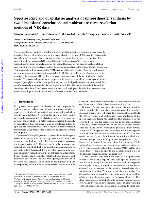 (PDF) Spectroscopic and quantitative analysis of spiroorthoester synthesis by two-dimensional ...
