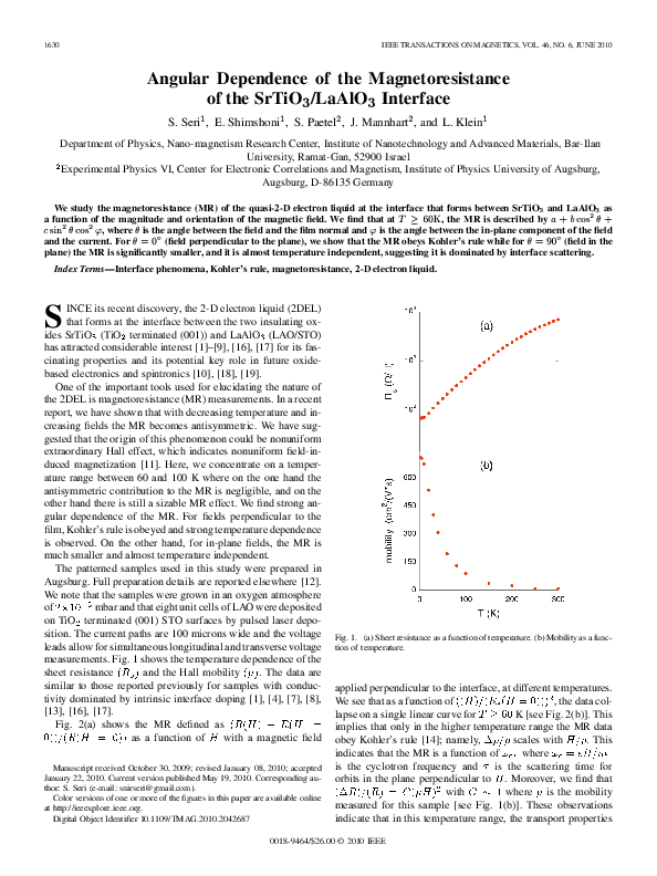 (PDF) Angular Dependence of the Magnetoresistance of the SrTiO $_{3}$ /LaAlO $_{3}$ Interface