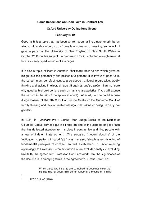 (PDF) Some Reflections on Good Faith in Contract Law