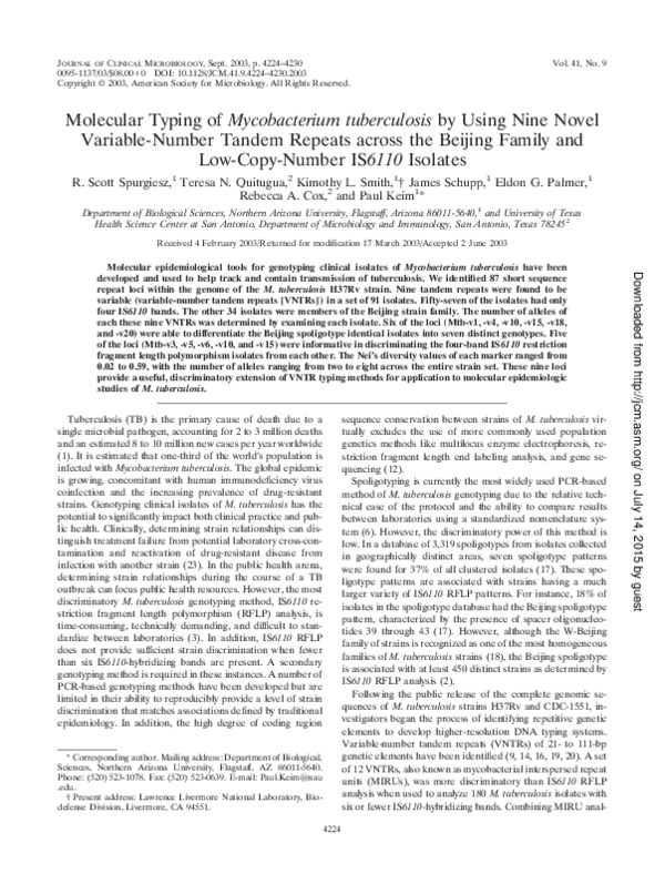 (PDF) Molecular Typing of Mycobacterium tuberculosis Strains with a Common Two-Band IS 6110 Pattern