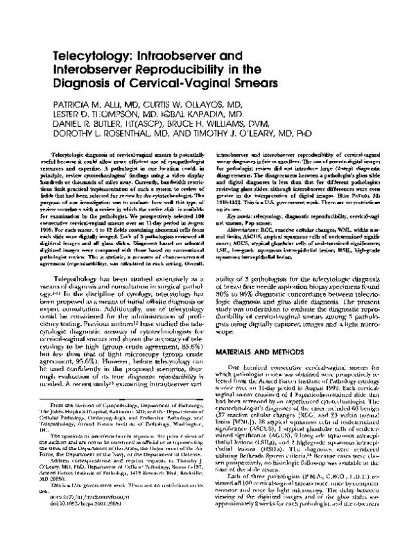 (PDF) Telecytology: Intraobserver and interobserver reproducibility in ...