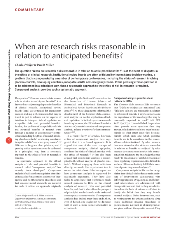 (PDF) When are research risks reasonable in relation to anticipated ...
