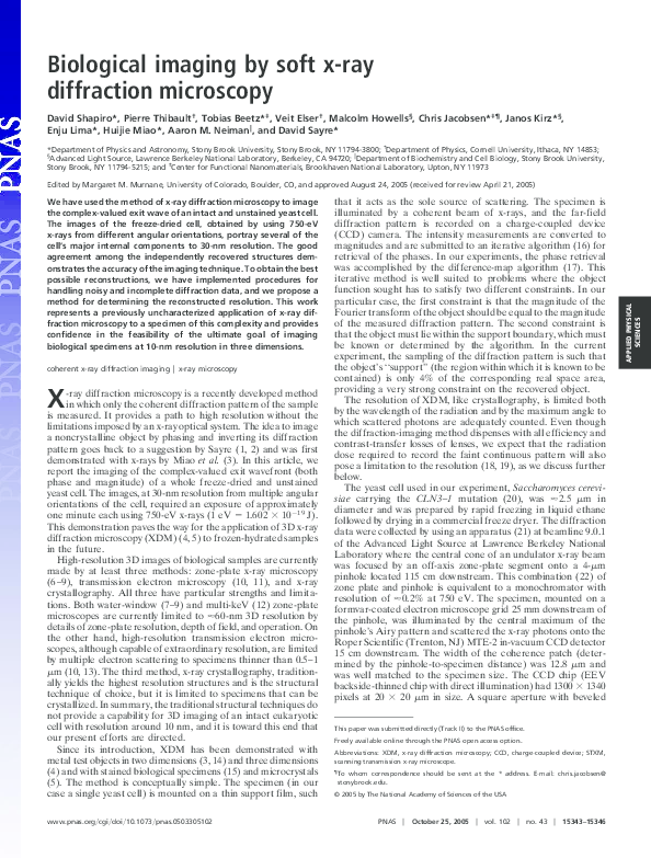 (PDF) Biological imaging by soft x-ray diffraction microscopy