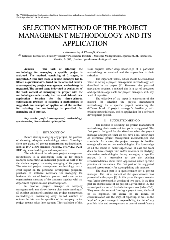 (PDF) Selection method of the project management methodology and its ...