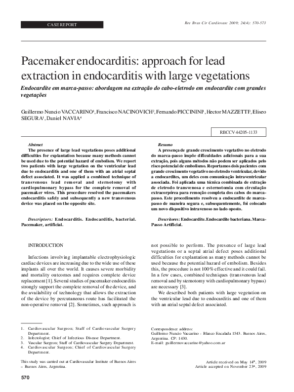 (PDF) Pacemaker endocarditis: approach for lead extraction in ...