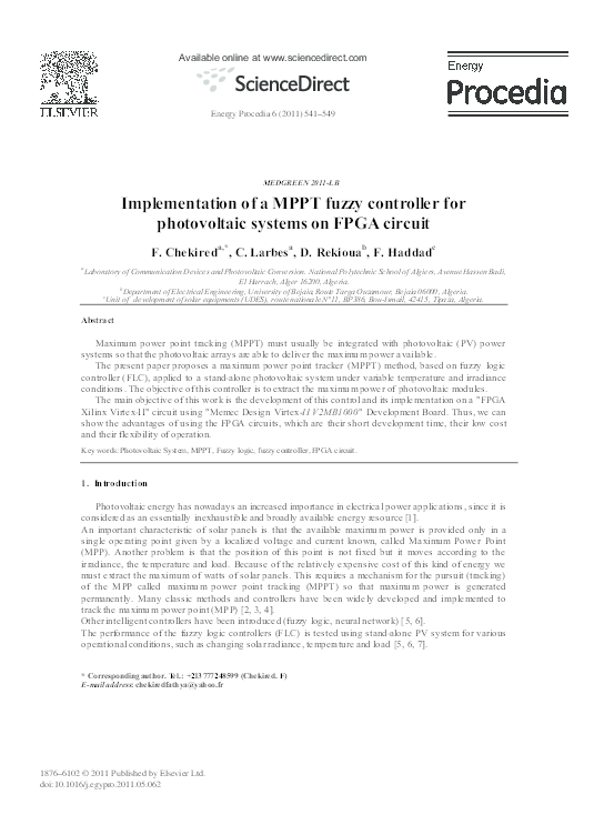 Pdf Implementation Of A Mppt Fuzzy Controller For Photovoltaic Systems On Fpga Circuit