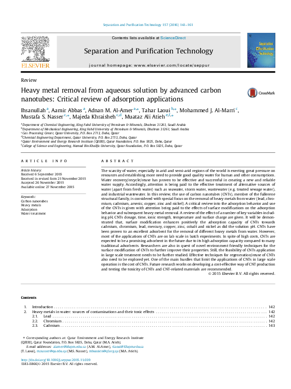 (PDF) Heavy metal removal from aqueous solution by advanced carbon nanotubes: Critical review of ...