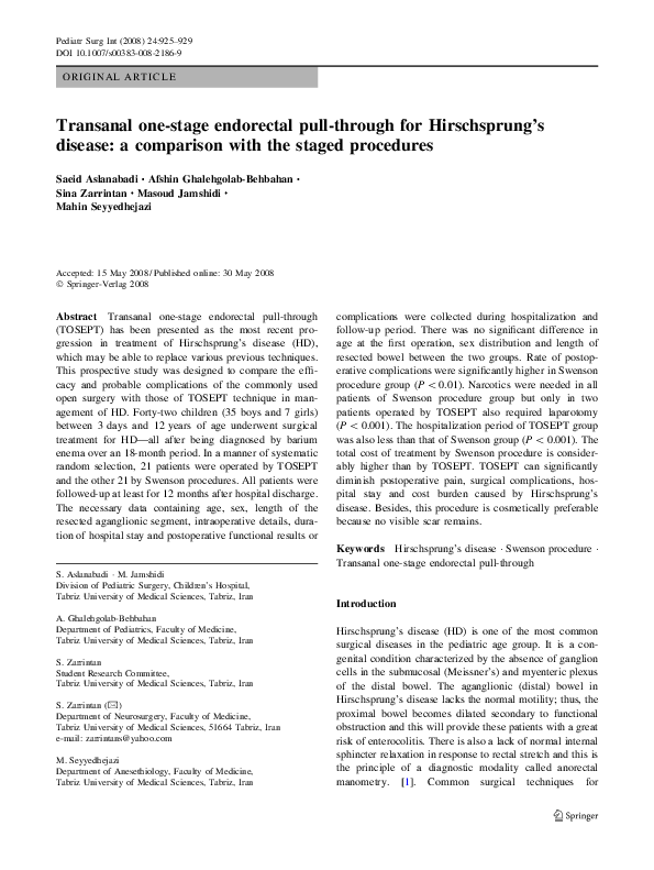 (PDF) Transanal one-stage endorectal pull-through for Hirschsprung’s ...