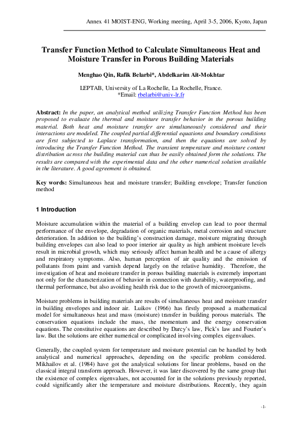 (PDF) Transfer function method to calculate simultaneous heat and ...