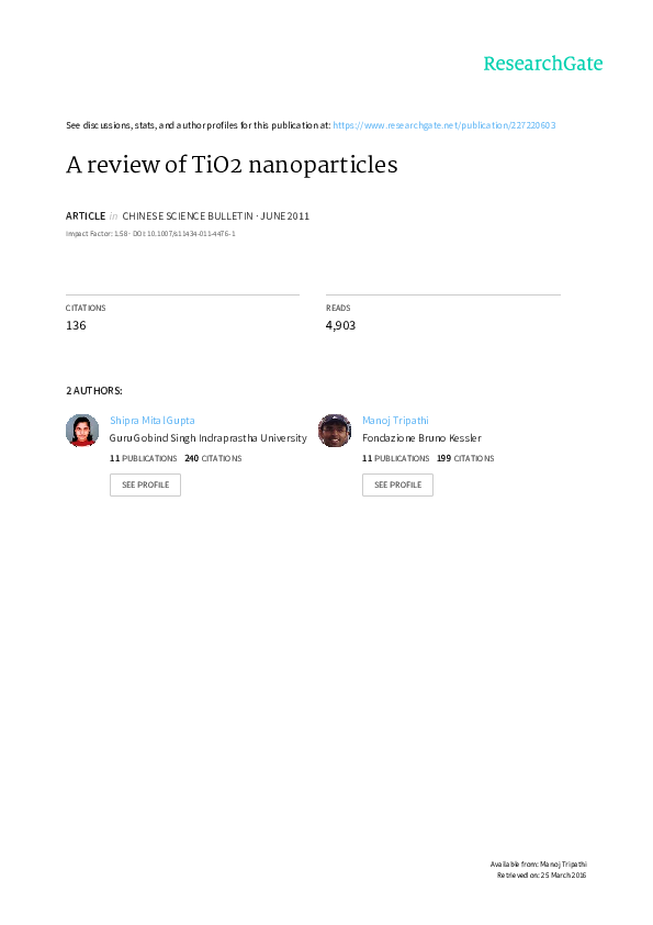 (PDF) A review of TiO2 nanoparticles ARTICLE in CHINESE SCIENCE ...