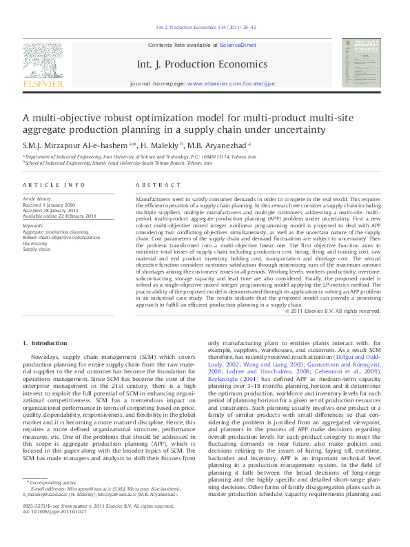 Pdf A Multi Objective Robust Optimization Model For Multi Product Multi Site Aggregate