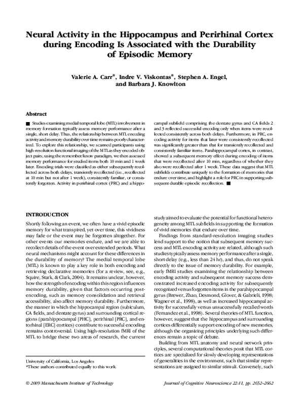 (PDF) Neural Activity in the Hippocampus and Perirhinal Cortex during Encoding Is Associated ...