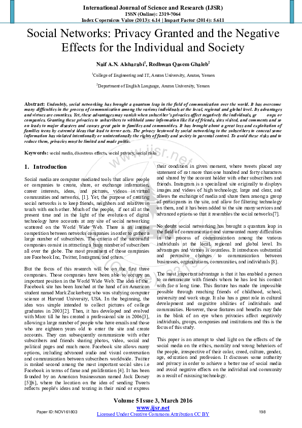 (PDF) Social Networks: Privacy Granted and the Negative Effects for the ...