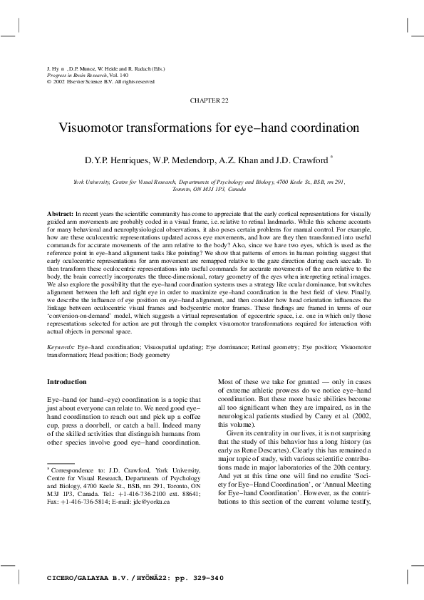 (PDF) Visuomotor transformations for eye-hand coordination