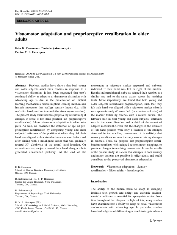 (PDF) Visuomotor adaptation and proprioceptive recalibration in older adults