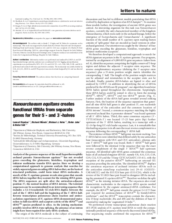 (PDF) Nanoarchaeum equitans creates functional tRNAs from separate ...