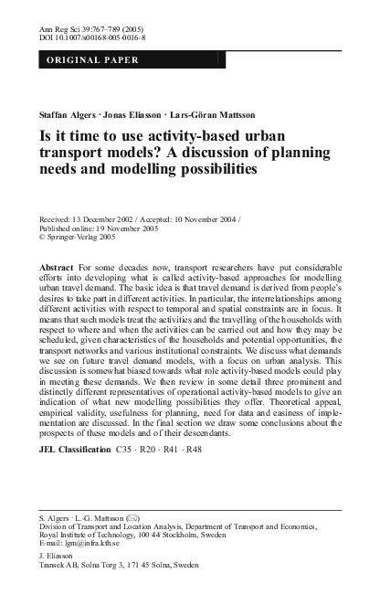 (PDF) Is it time to use activity-based urban transport models? A ...